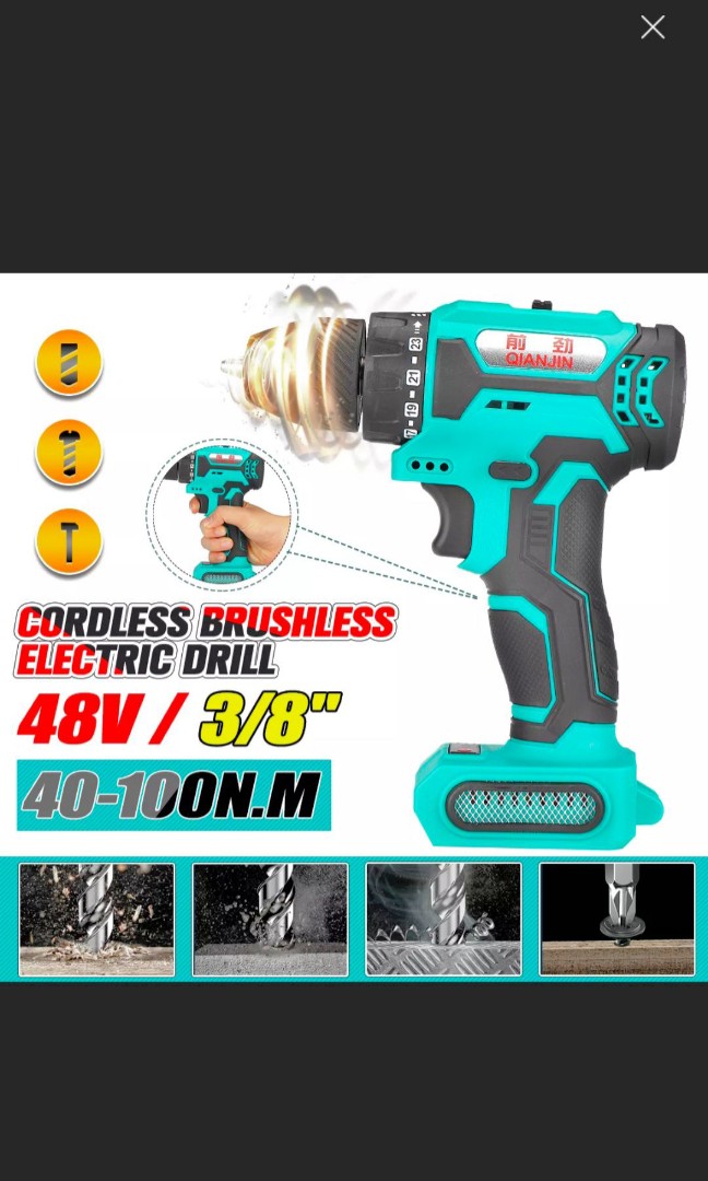 48V 2-Speed Electric Cordless Drill, 3/8' Chuck 40-100N.M, Brushless ...