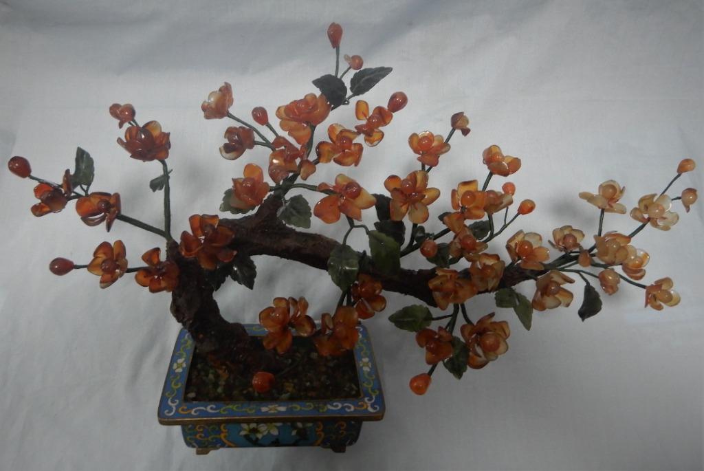 Chinese antique hardstone jade cherry plum blossom bonsai tree ...