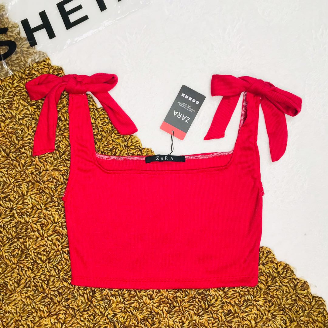 Red Zara Ribbon Top, Women's Fashion, Tops, Sleeveless on Carousell