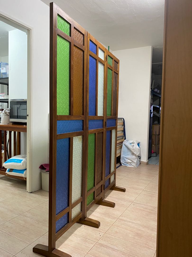 Vintage Teakwood Screen Partition with Frosted Patterned Glass ...