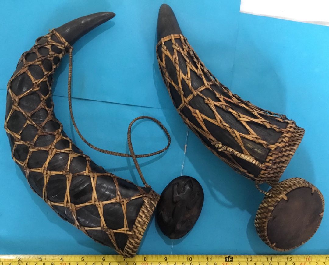 Ifugao tribe Carabao horn & wooden water or salt containers, Furniture ...