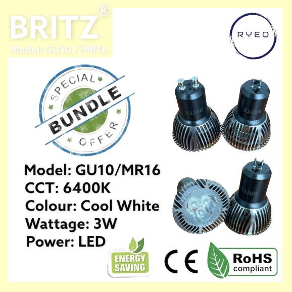 BRITZ GU10 MR16 3W COOL WHITE LED BULB, Furniture & Home Living ...
