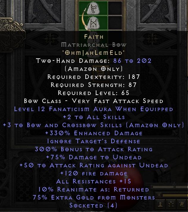 Diablo 2 Resurrected Faith (+3 Bow Skill Matriarchal Bow), Video Gaming ...