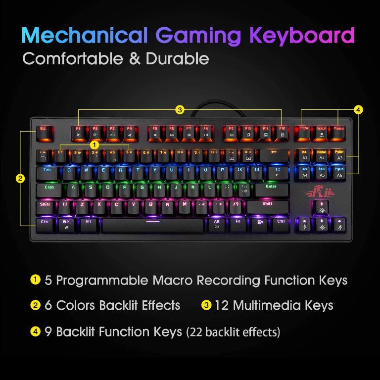 Rii RK908 7 color Mechanical Gaming keyboard 88 Keys LED backlit Wired ...