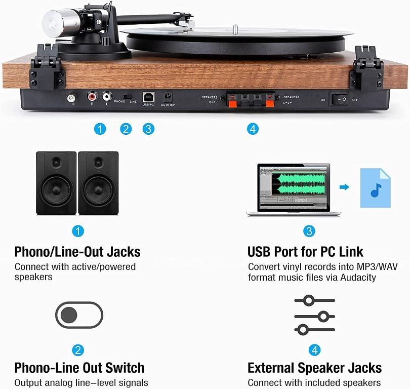 1 BY ONE Wireless Turntable HiFi System with 36 Watt Bookshelf Speakers ...