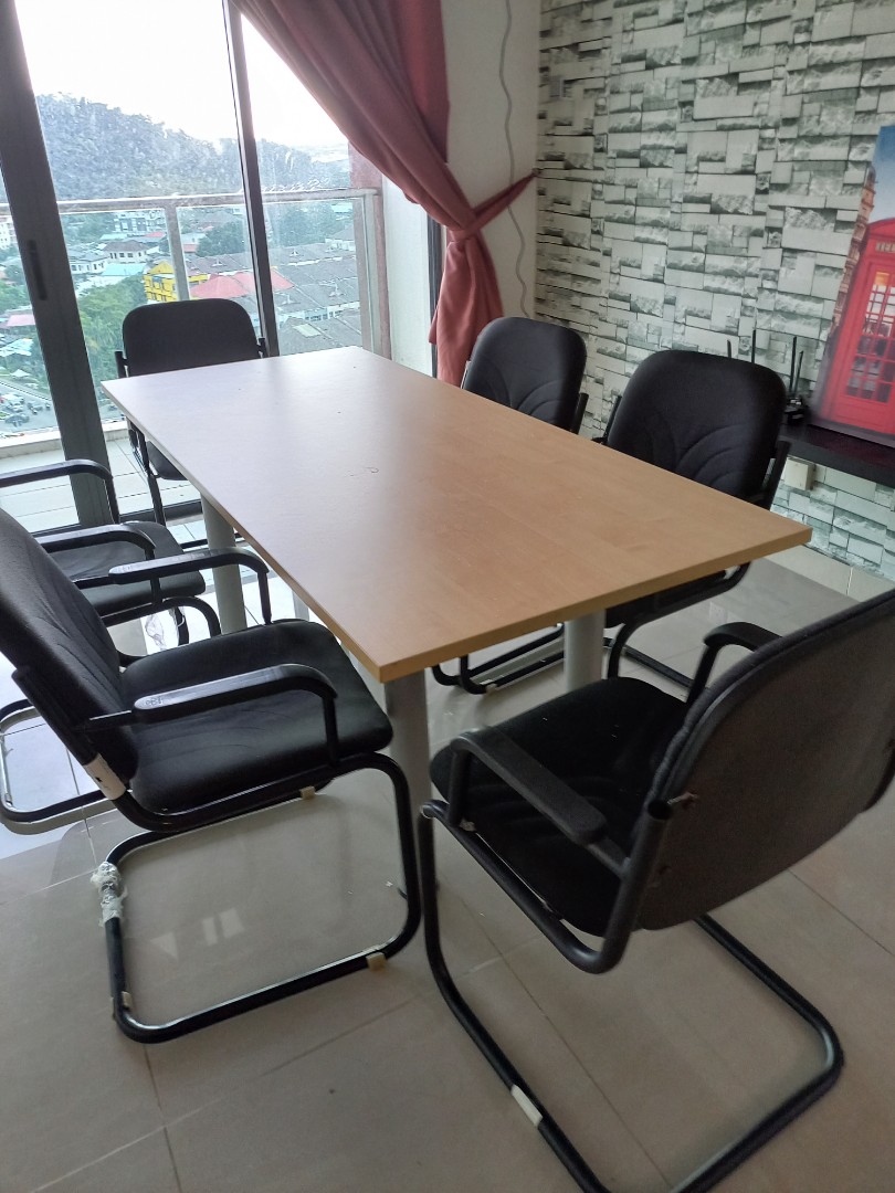6 chairs + Office table set big dining table 6 person wood, meja makan ...