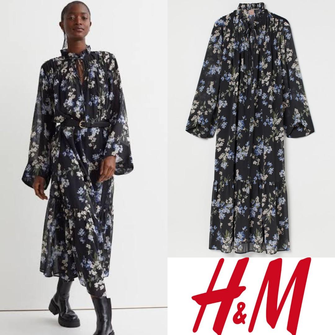 H&m hnm black floral chiffon maxi long dress bukan zara, Fesyen Wanita ...