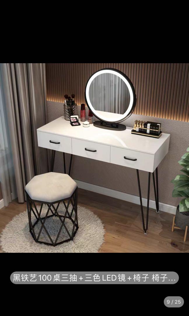 [READY STOCK] 100cm dressing table with 3 drawers, LED mirror & stool ...