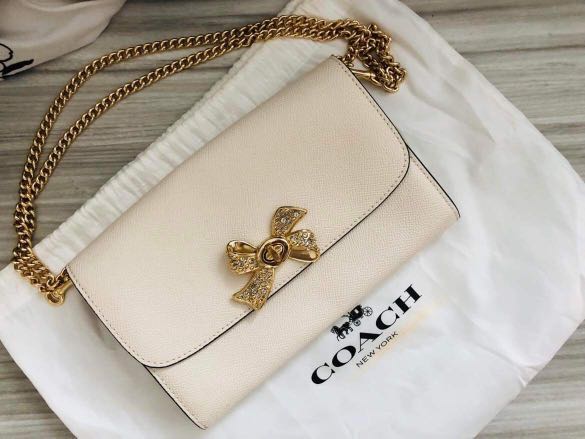 Coach wallet on chain ribbon bow white crossbody gold chain bag woc ...