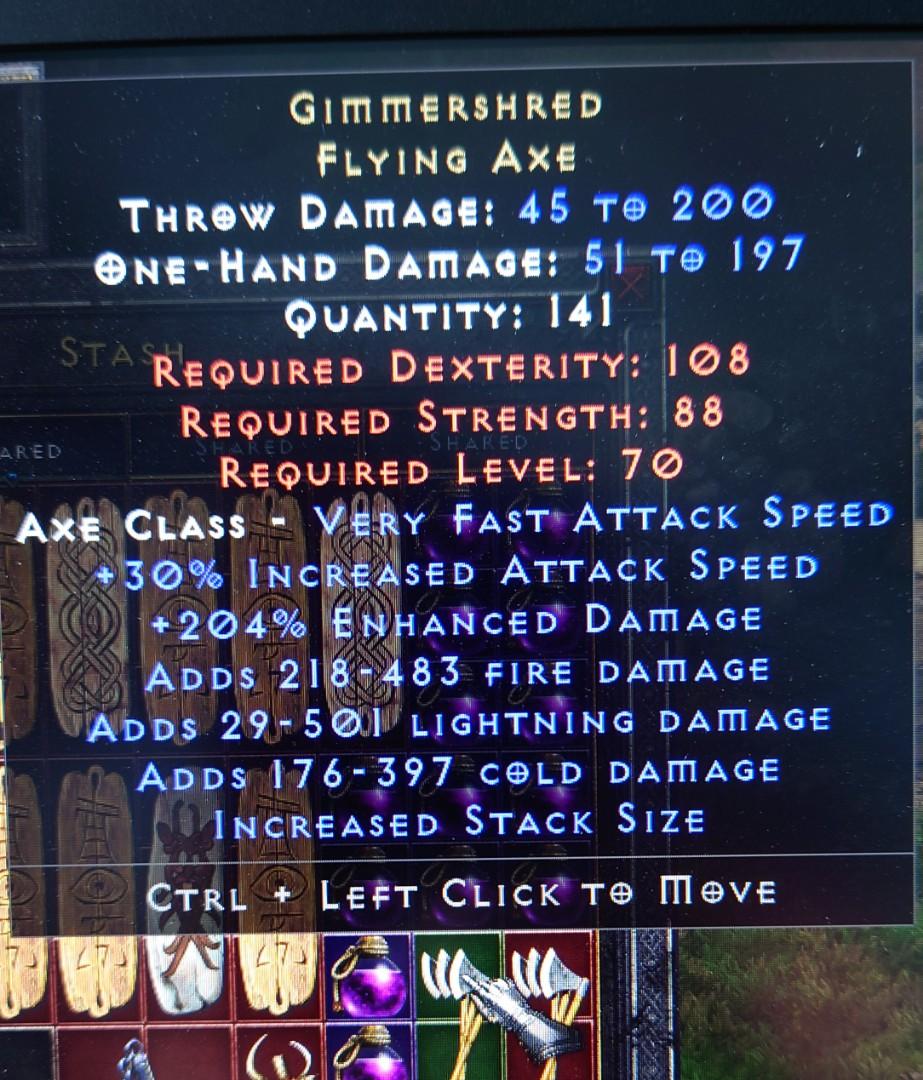 D2R Diablo Gimmershred flying axe 204%ED Barbarian, Video Gaming ...