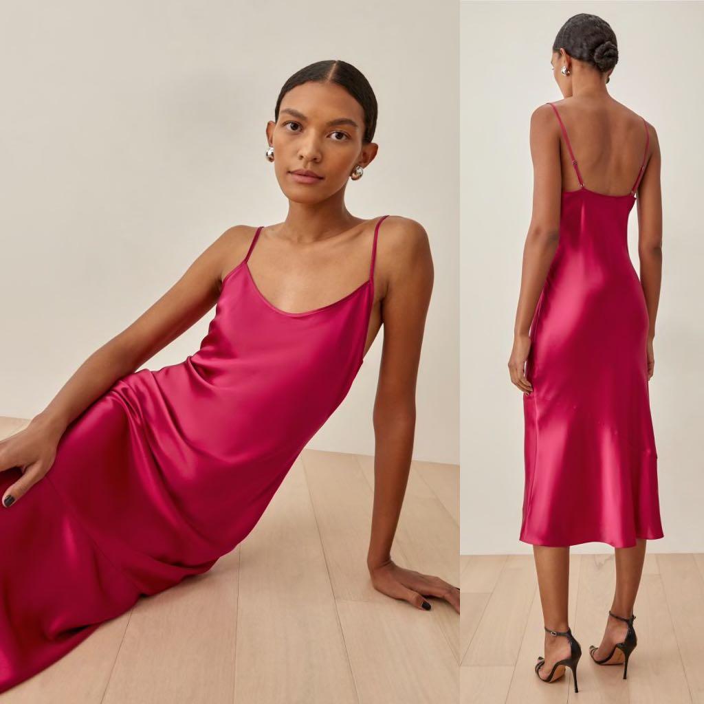 Reformation Alisal Midi Silk Dress in Rhubarb, Forest Green, Mezzanine ...