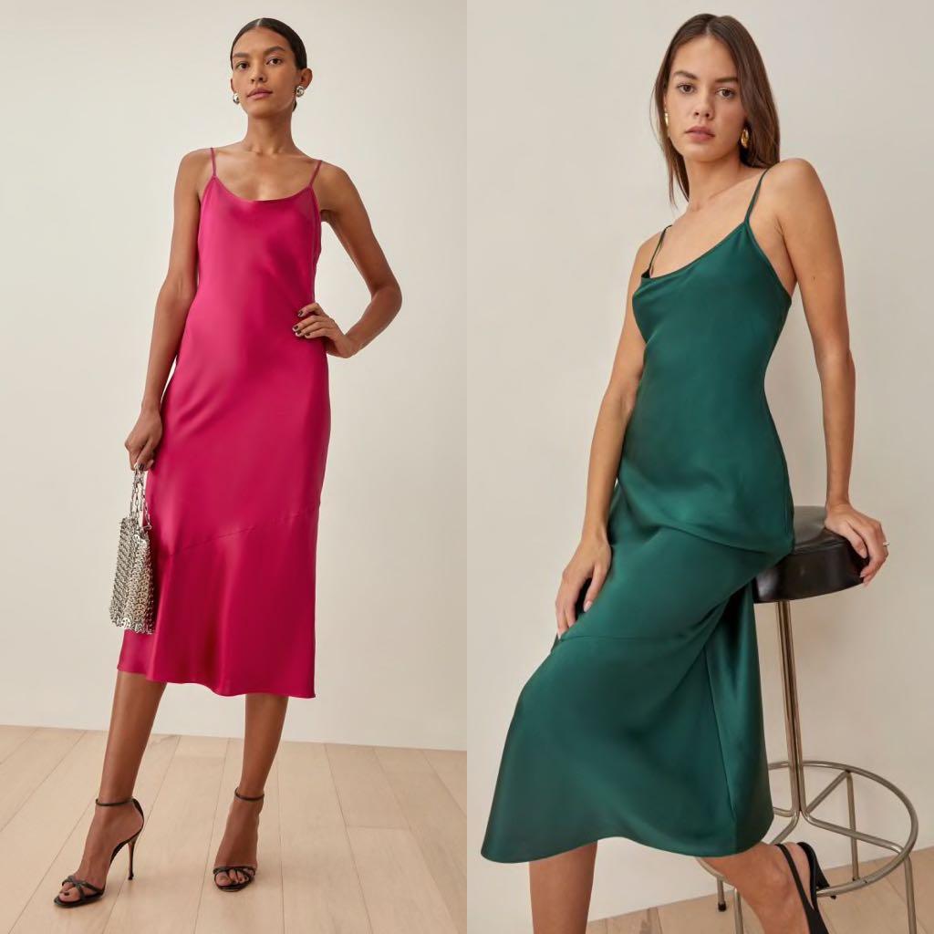 Reformation Alisal Midi Silk Dress in Rhubarb, Forest Green, Mezzanine ...