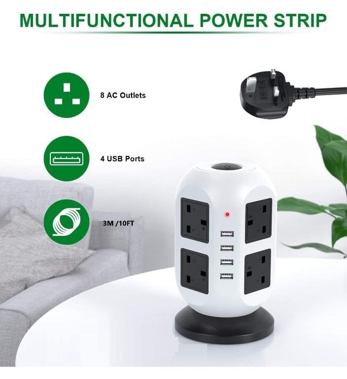 Vertical Tower 3 meters Extension Cord 8 Way 3-Pin Plugs Multiple ...