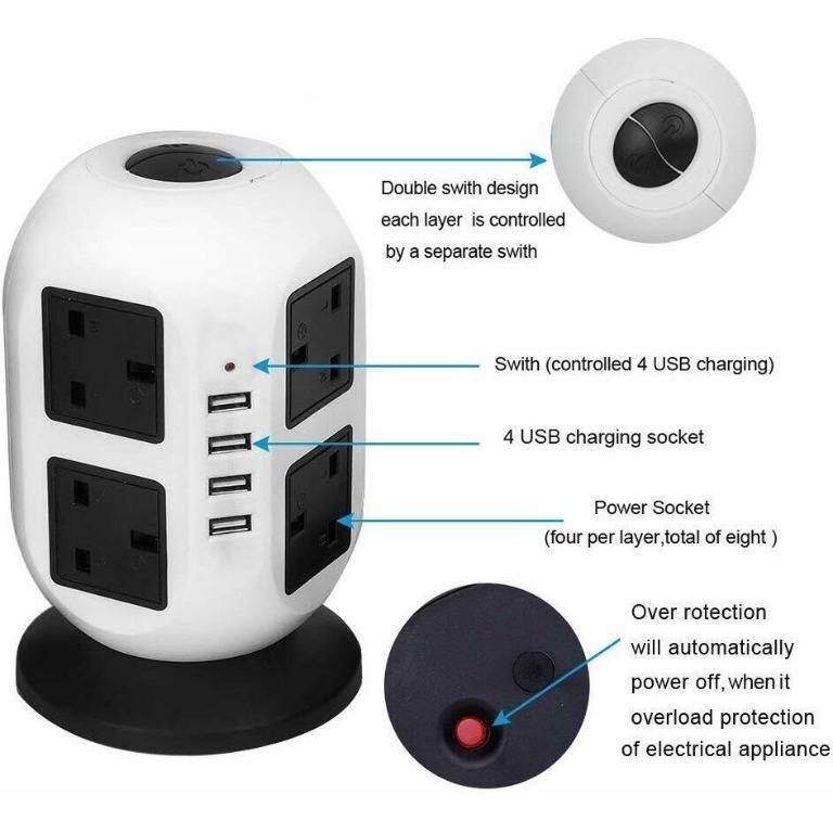 Vertical Tower 3 meters Extension Cord 8 Way 3-Pin Plugs Multiple ...