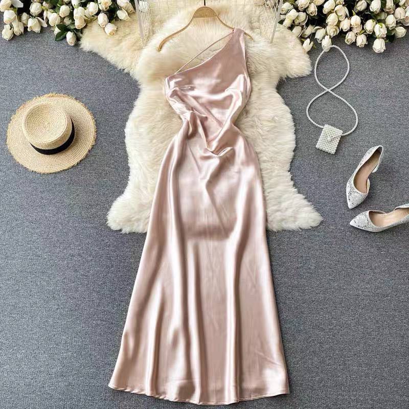 Pink champagne side toga satin dress, Women's Fashion, Dresses & Sets ...
