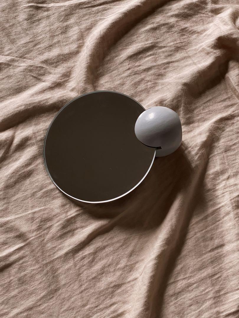 aesthetic round mirror with wood stand in gray, Furniture & Home Living ...