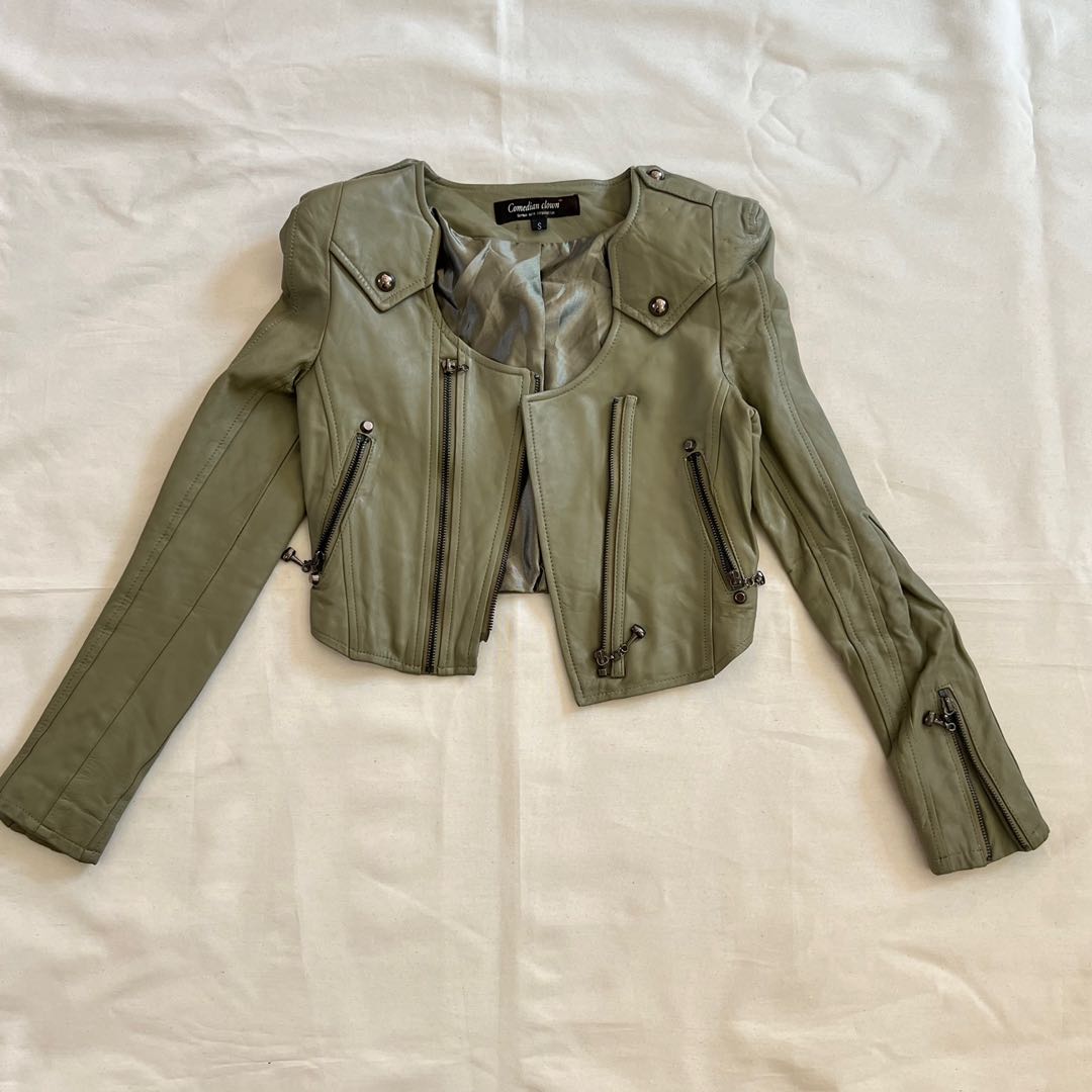 Matcha green cropped leather jacket, Women's Fashion, Coats, Jackets ...