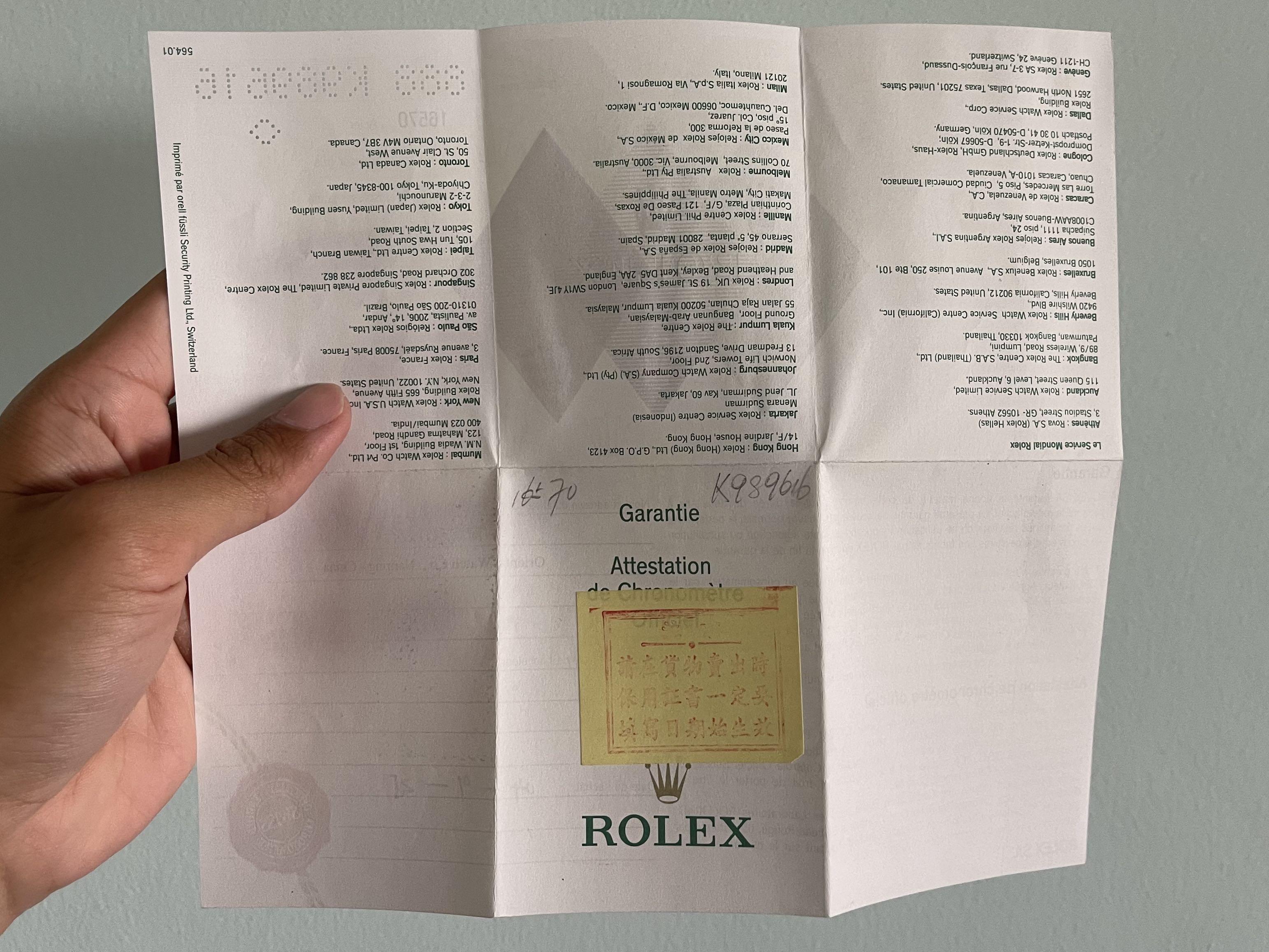 Rolex 16570 Certificate Paper Cert K Series 2001, Luxury, Watches on ...