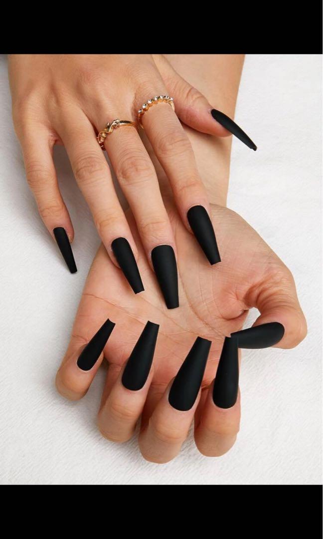 24 Black Color Fake Nails with two sheets tape, Beauty & Personal Care ...