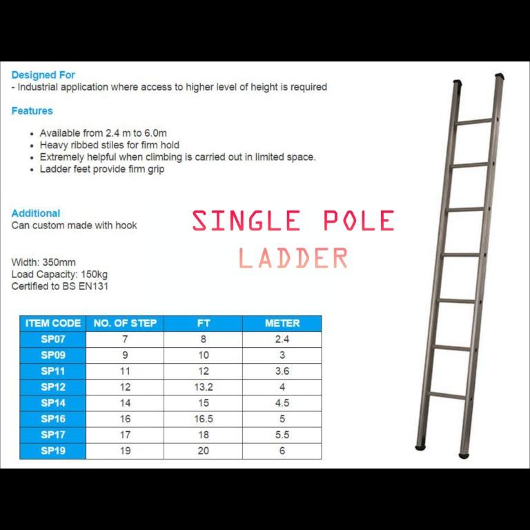Aluminium Single Pole Ladder - various heights, Furniture & Home Living ...