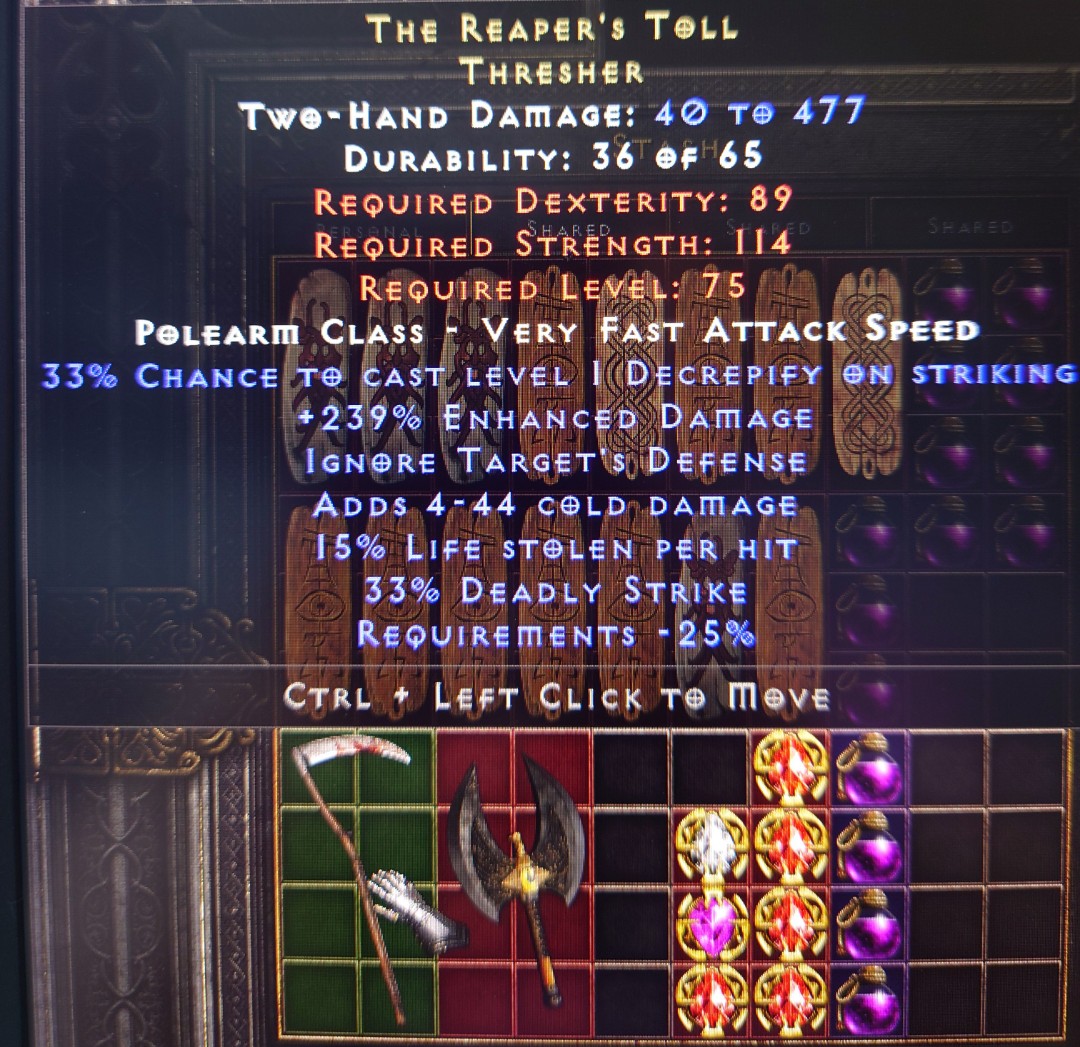 D2R Diablo Reaper's Toll Thresher 239%ED, 15LS for merc, Video Gaming ...