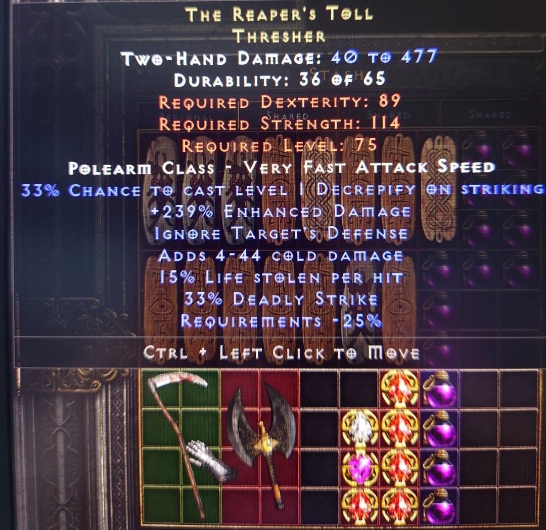 D2R Diablo Reaper's Toll Thresher 239%ED, 15LS for merc, Video Gaming ...
