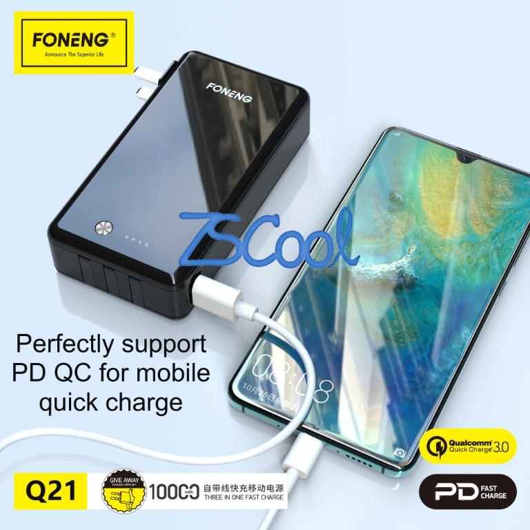 Foneng PD+QC Power Bank -10000 mah With Micro USB Lighting Type C Cable ...