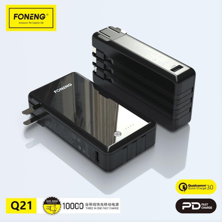 Foneng PD+QC Power Bank -10000 mah With Micro USB Lighting Type C Cable ...