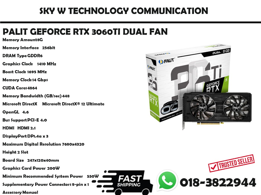 PALIT GEFORCE RTX 3060TI DUAL OC / LHR, Computers & Tech, Parts ...