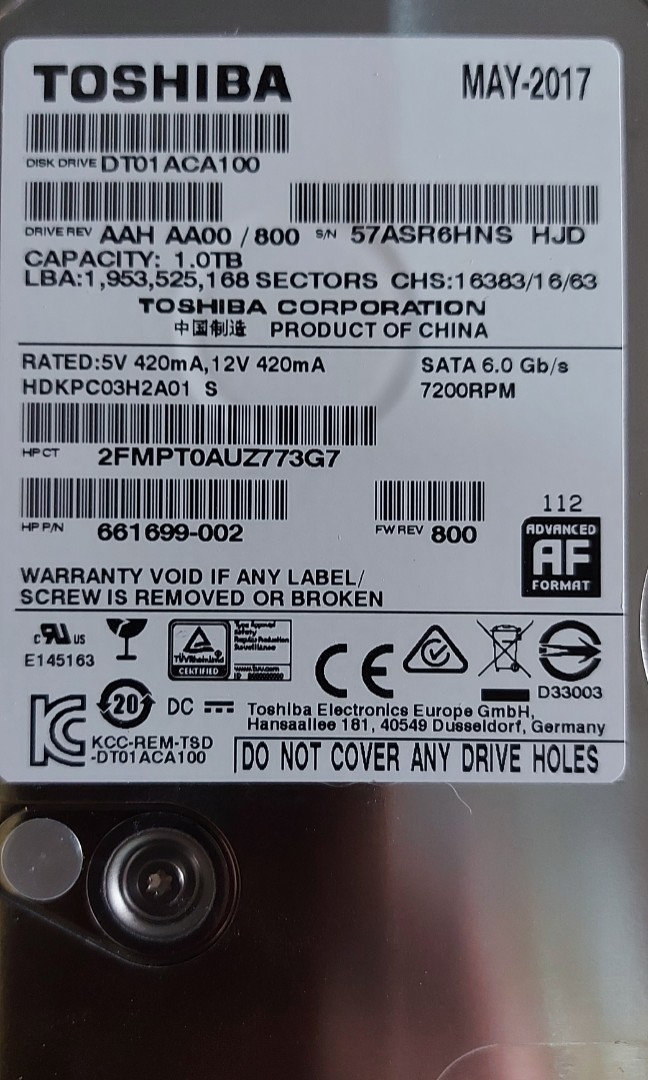 TOSHIBA DISK DRIVE 1 TB - DT01ACA 100, Computers & Tech, Parts ...