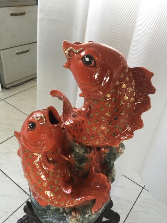 Antique Orange Koi Fish Porcelain Sculpture Home Decor with Wooden Base ...