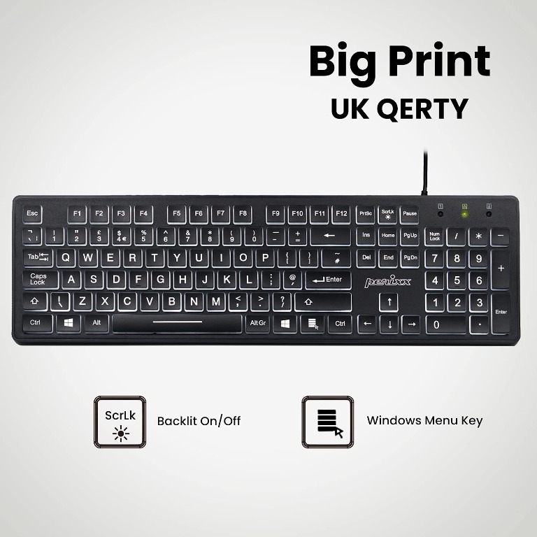 perixx Periboard-317 Wired LED Backlit Keyboard, Big Letter Print White ...