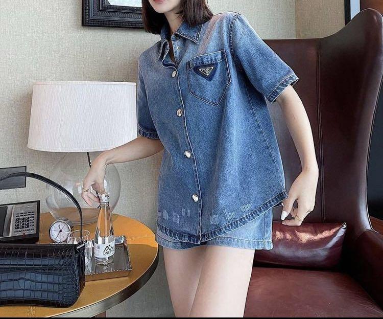 Prada denim bralette and jacket preorder, Luxury, Apparel on Carousell