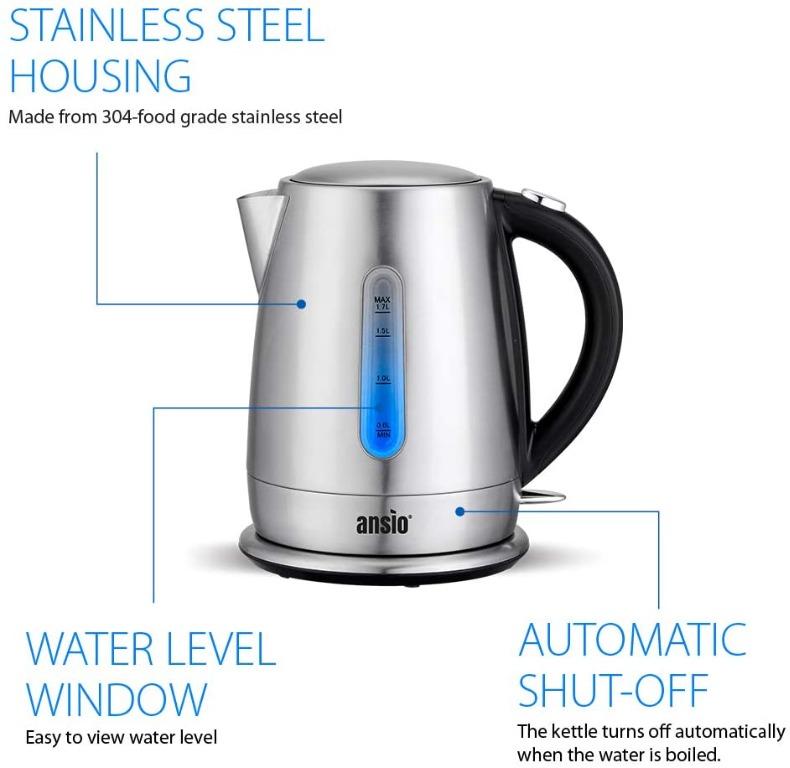 ANSIO Electric Kettle 3000W - 1.7L Cordless, Stainless Steel, Boil Dry ...