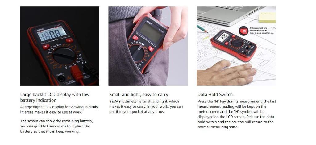 BEVA (W-002) Digital Multimeter Continuity Tester Voltmeter, AC/DC ...