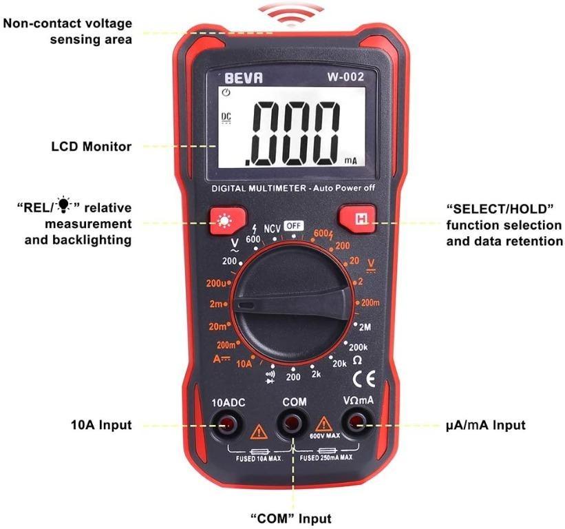 BEVA (W-002) Digital Multimeter Continuity Tester Voltmeter, AC/DC ...