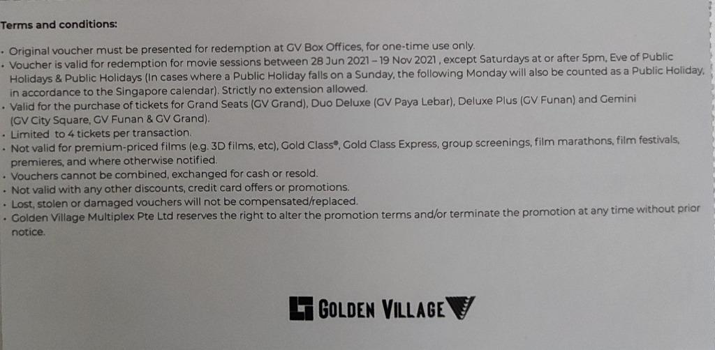 GV Golden Village Premium Seats Voucher - Deluxe Plus / Duo Deluxe ...