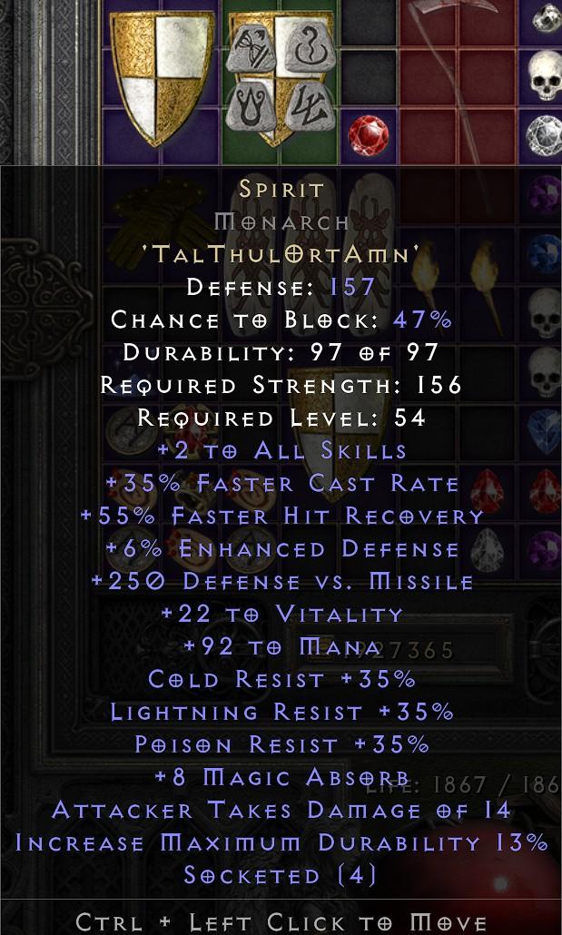 [PC] Diablo 2 Spirit Monarch Shield 35FCR 157DEF, Video Gaming, Gaming ...