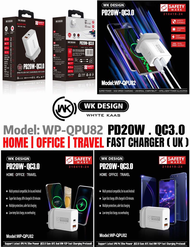 WK DESIGN (SAFETY MARK) Model: WP-QPU82 PD20W QC3.0 Fast Charger ...