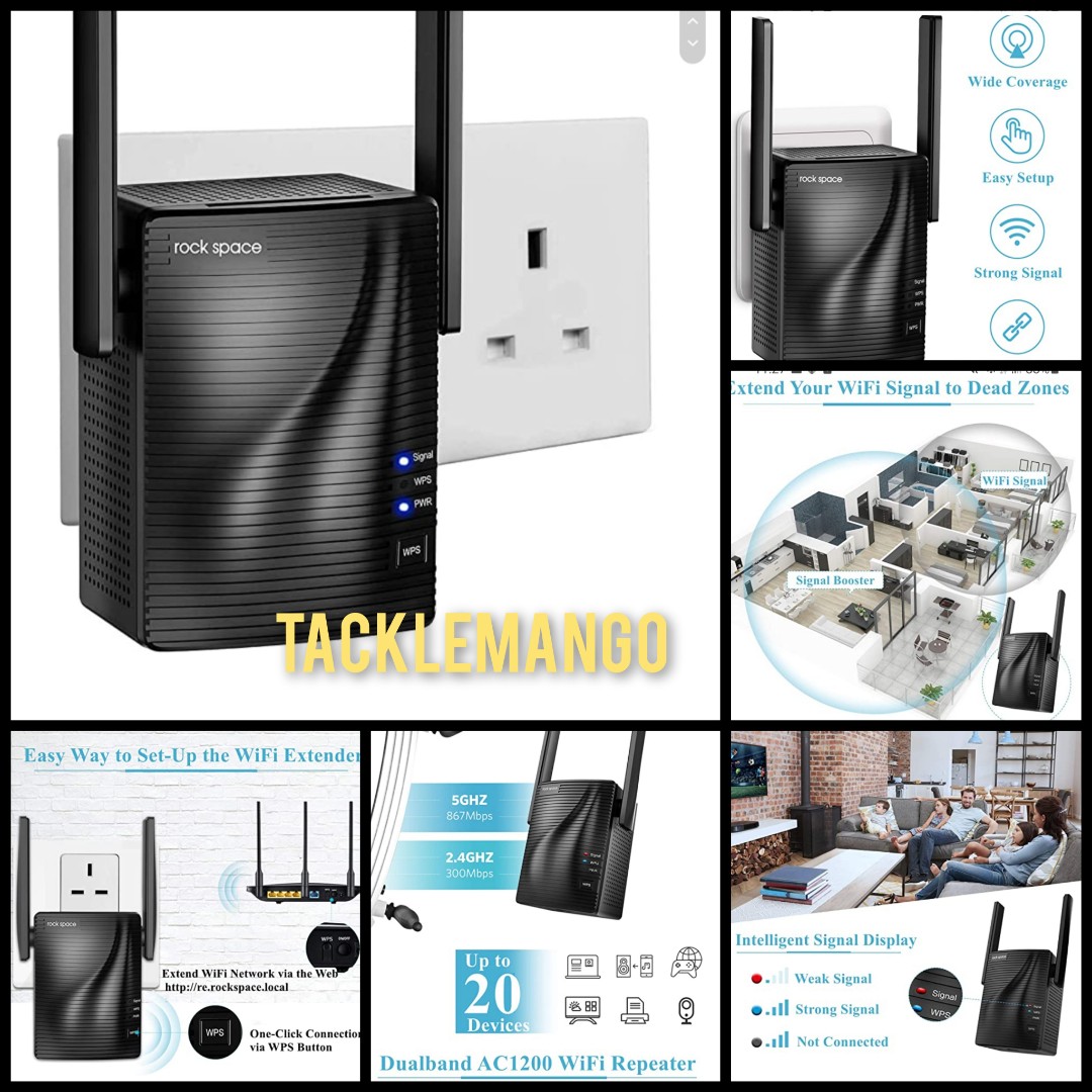 Rockspace AC1200 WiFi Range Extender, 1200Mbps Dual Band WiFi booster, 2.4 GHz and 5GHz Wifi ...