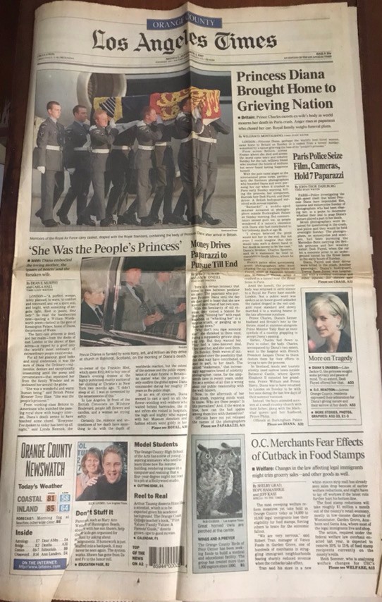 NEWSPAPER- LA TIMES Sept 1, 1997 Princess Diana Brought Home to ...
