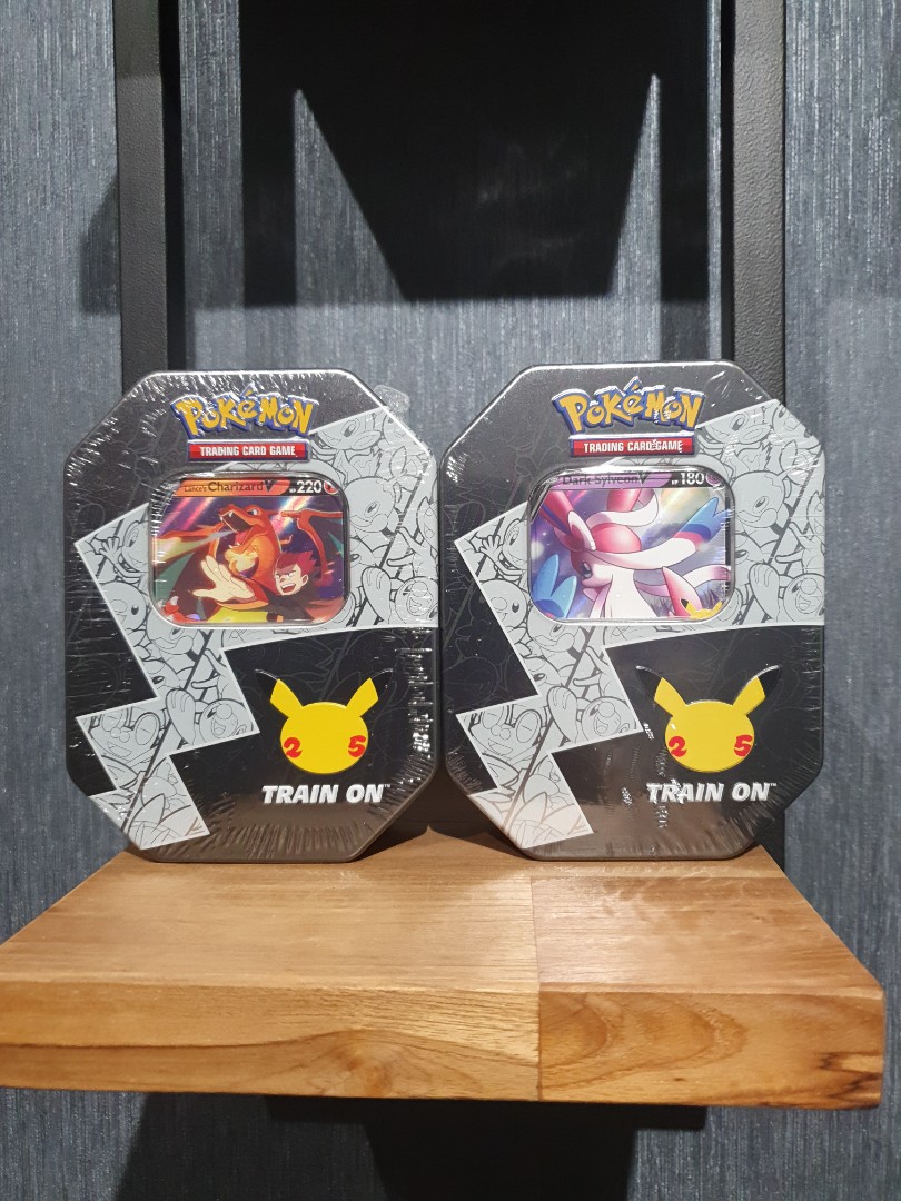 Pokemon TCG Card 25th Anniversary Celebrations Lance's Charizard V/Dark Sylveon V Small V Tins ...