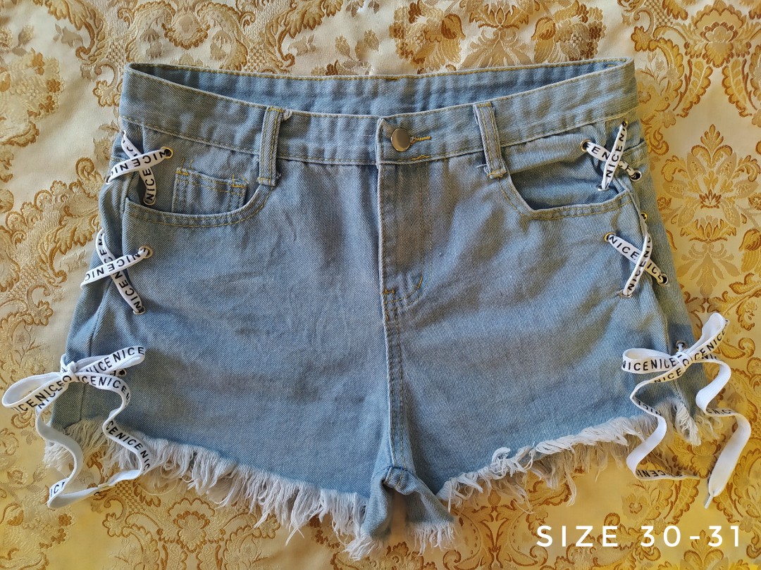 Side strings HW denim shorts, Women's Fashion, Bottoms, Shorts on Carousell