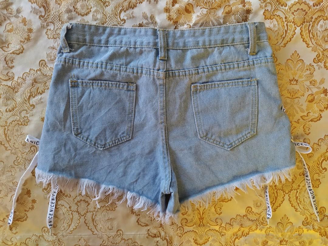 Side strings HW denim shorts, Women's Fashion, Bottoms, Shorts on Carousell