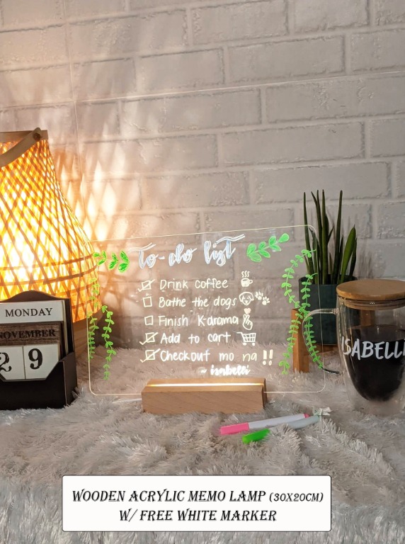 Wooden Acrylic Memo Lamp 30*20cm (w/ free white marker), Furniture ...