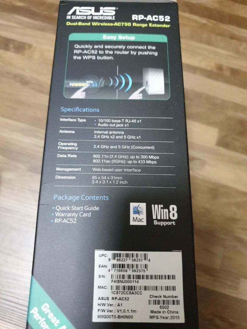 Asus RP-AC52 Range Extender Dual Band Wireless AC750, Computers & Tech ...