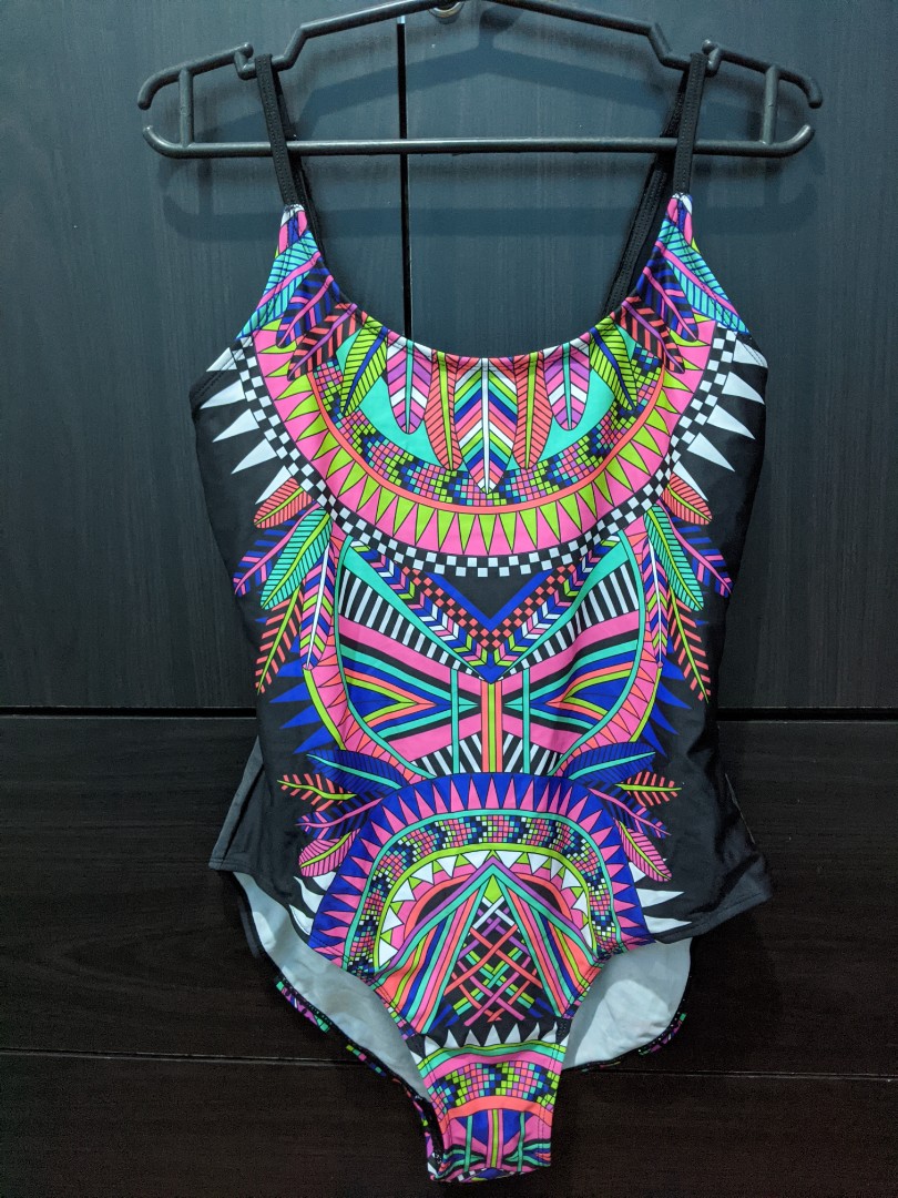 Black Aztec Print One Piece Swimwear, Women's Fashion, Swimwear ...