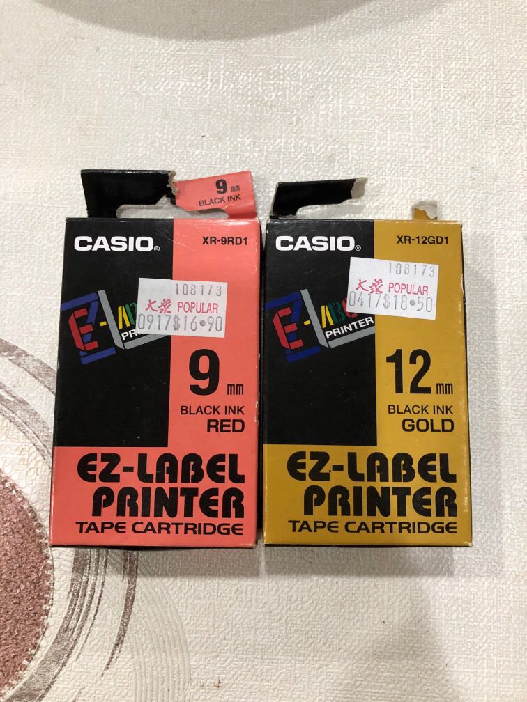casio ez-label printer tape cartridge 9mm 12mm black ink Red, Gold ...