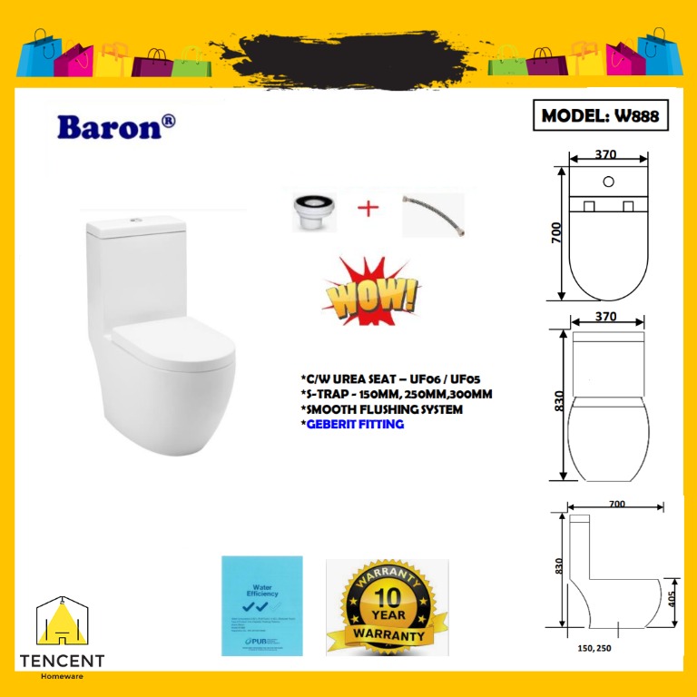 (FREE DELIVERY!!) BARON 888 1-Piece WC/Toilet Bowl (Geberit Flushing ...