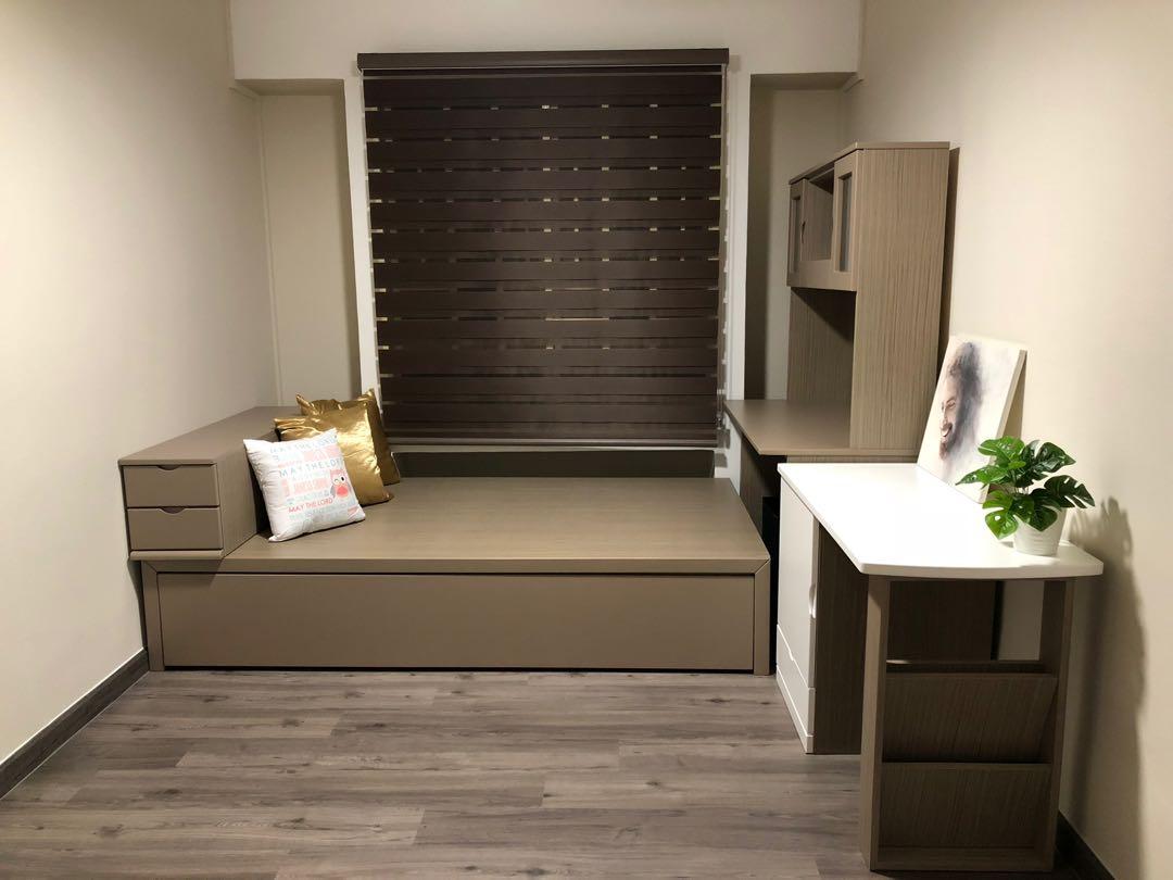 Platform pull out bed with study cabinet and storage step., Furniture ...